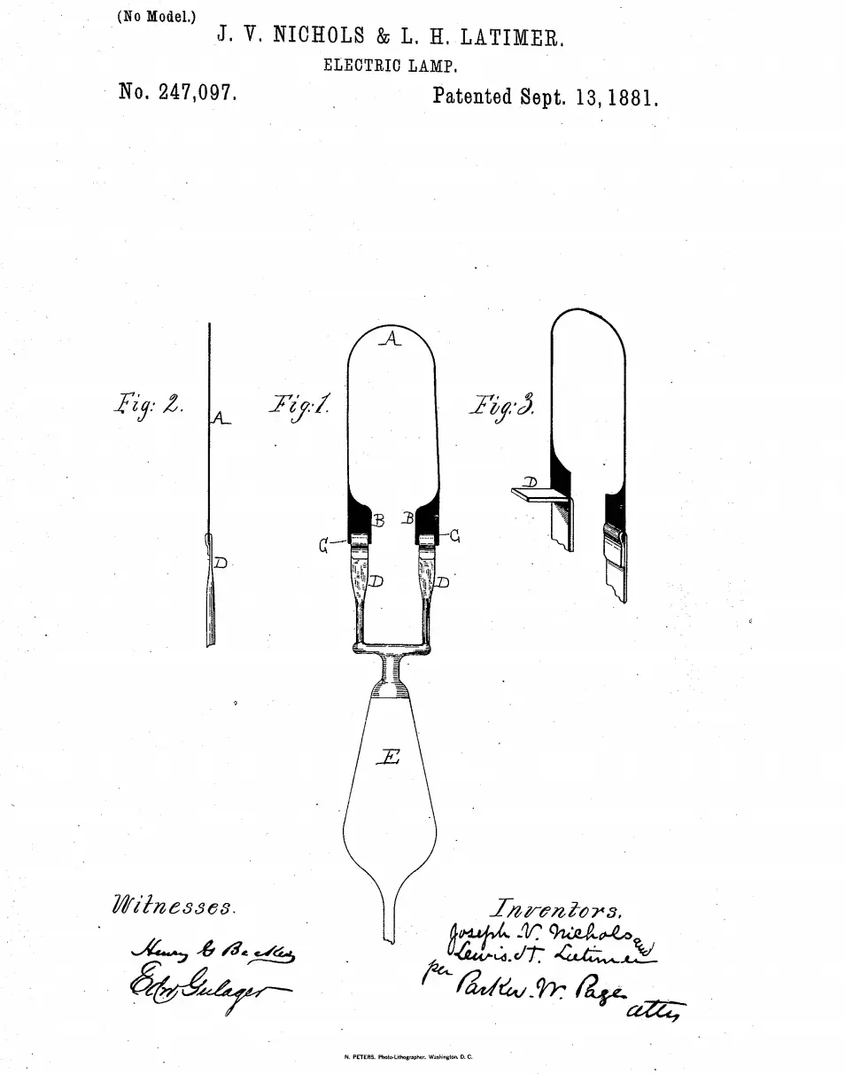 Lâmpada elétrica de desenho de patente de Lewis Latimer