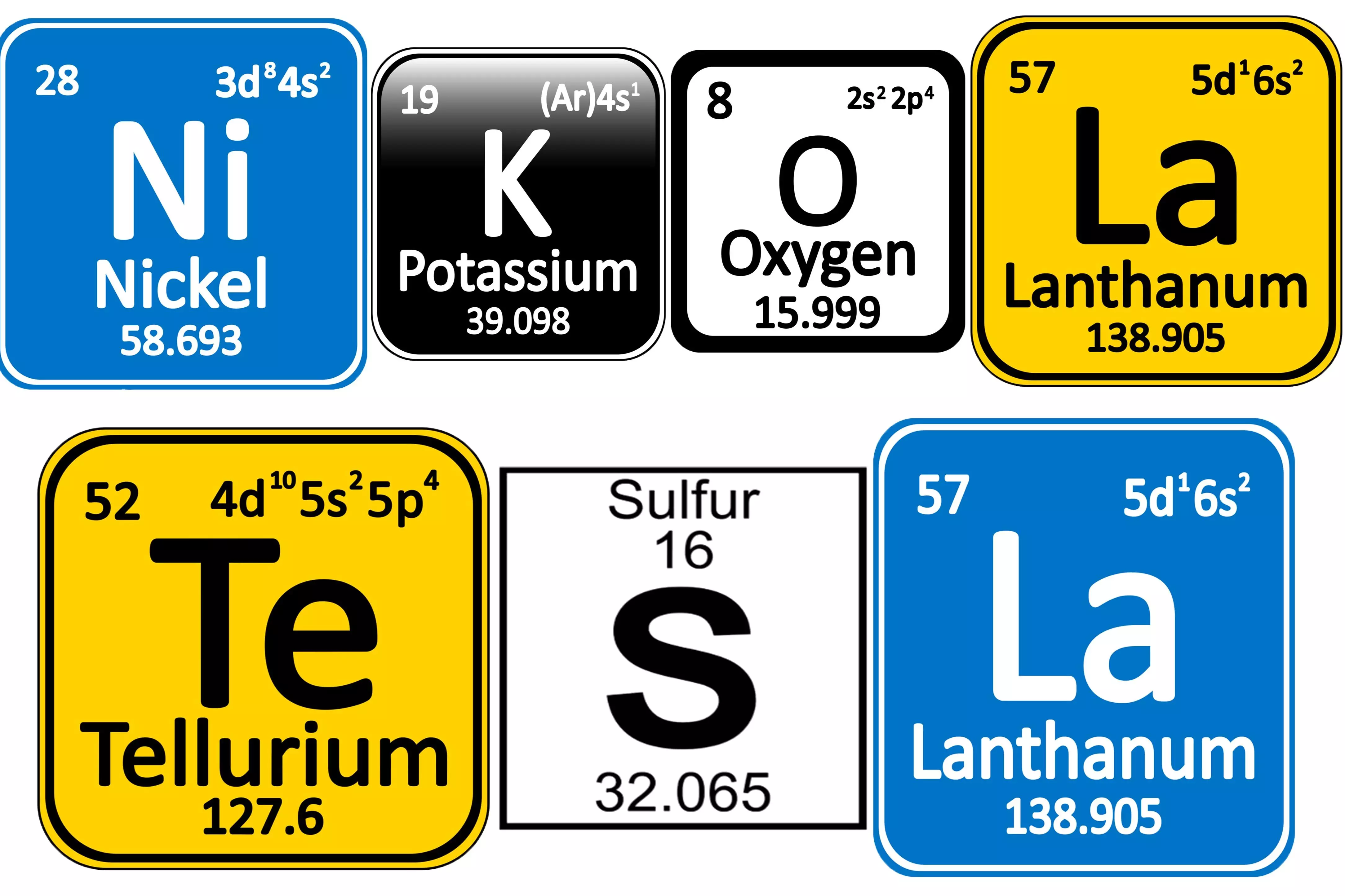 Verskeie selle van die periodieke tabel, wat 'n element se simbool, atoomgetal, atoomgewig en soms bykomende inligting gee