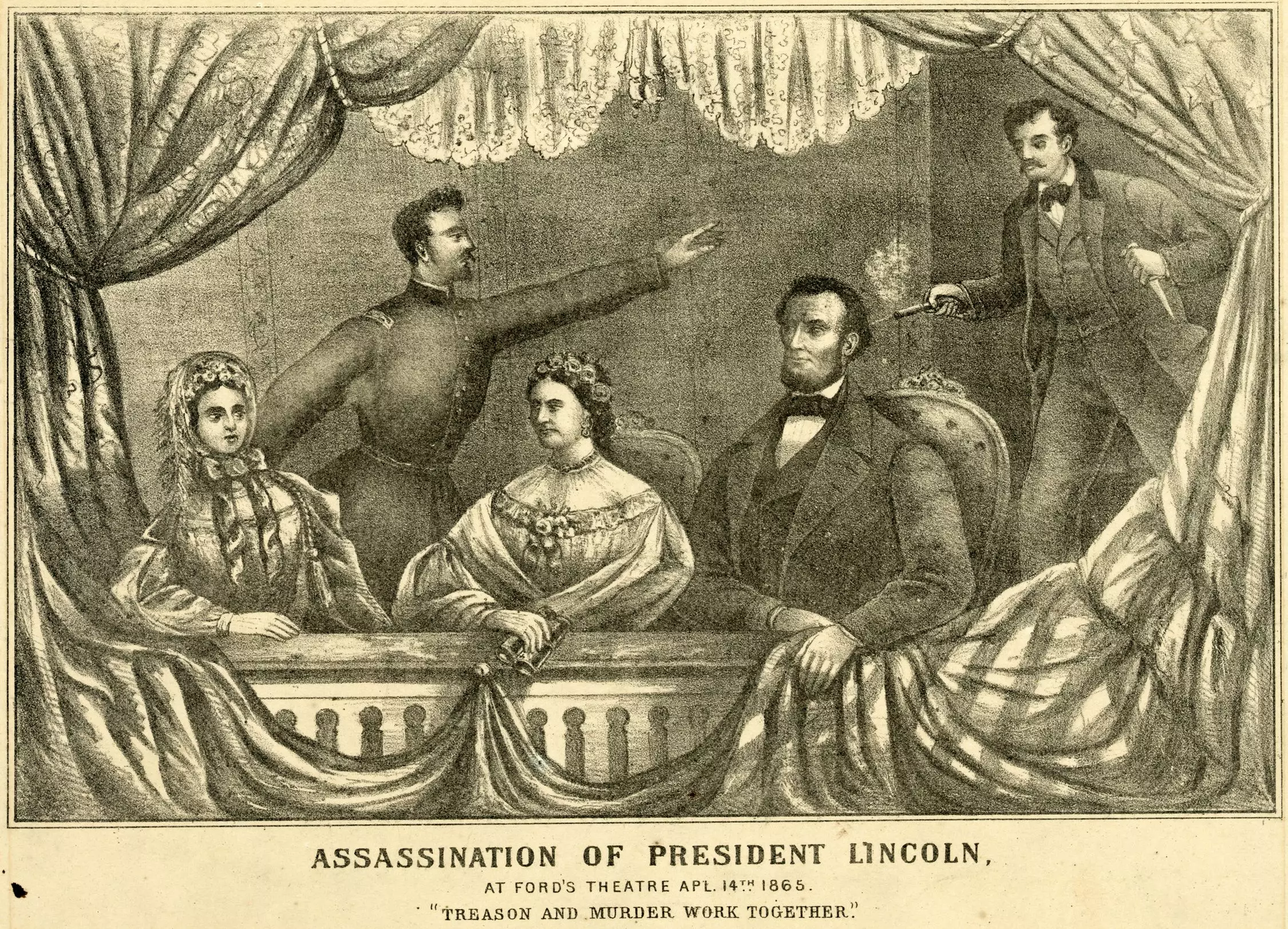 Форд театрында президент Линкольнді өлтіру, 1865 жылы 14 сәуірде H.H. Lloyd & Co осы литографияда бейнеленген.