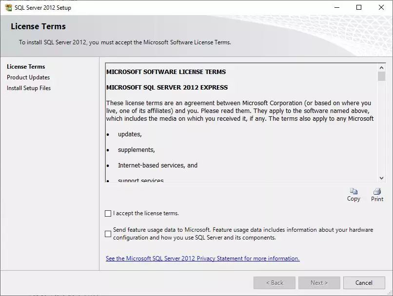 Prozor uslova licenciranja SQL Servera