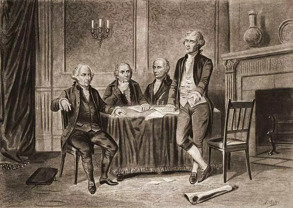 Illustrasie van vier van die Verenigde State se stigtersvaders, van links, John Adams, Robert Morris, Alexander Hamilton en Thomas Jefferson, 1774.