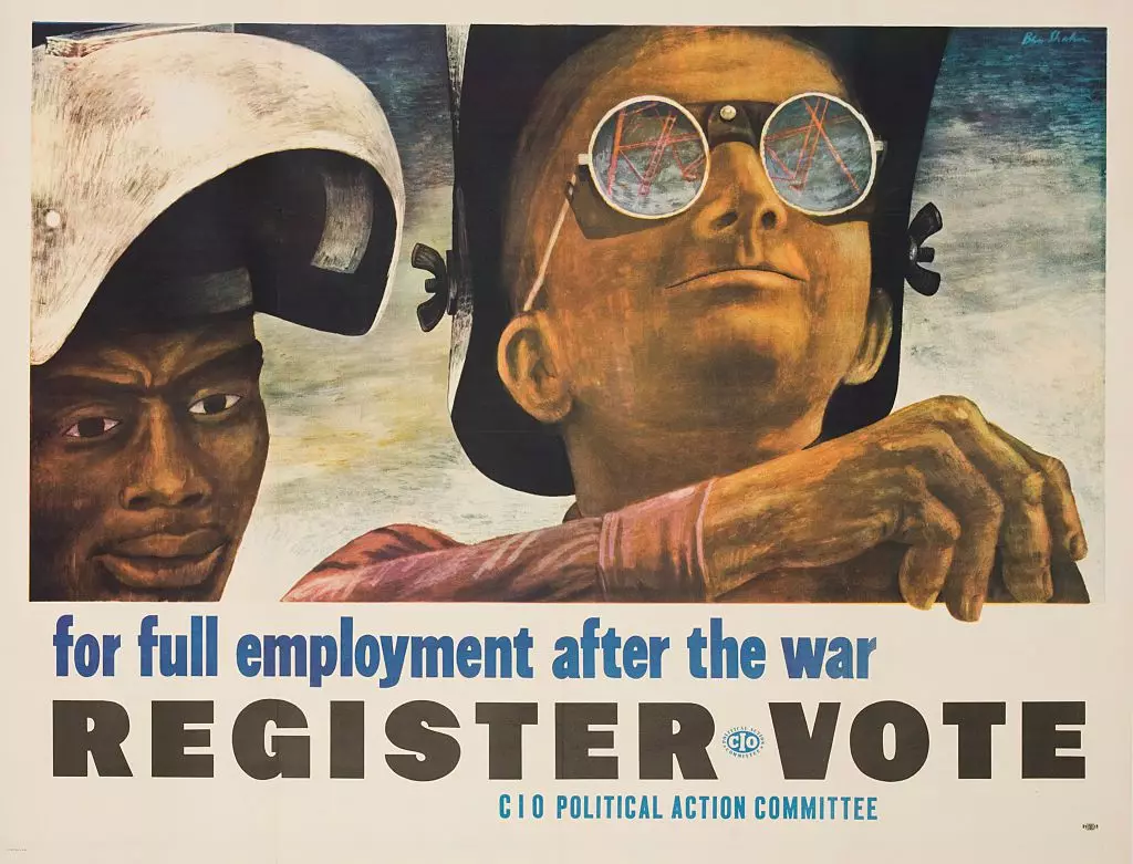 CIO:n poliittisen toimintakomitean (PAC) äänestäjäjuliste täystyöllisyyteen sodan jälkeen