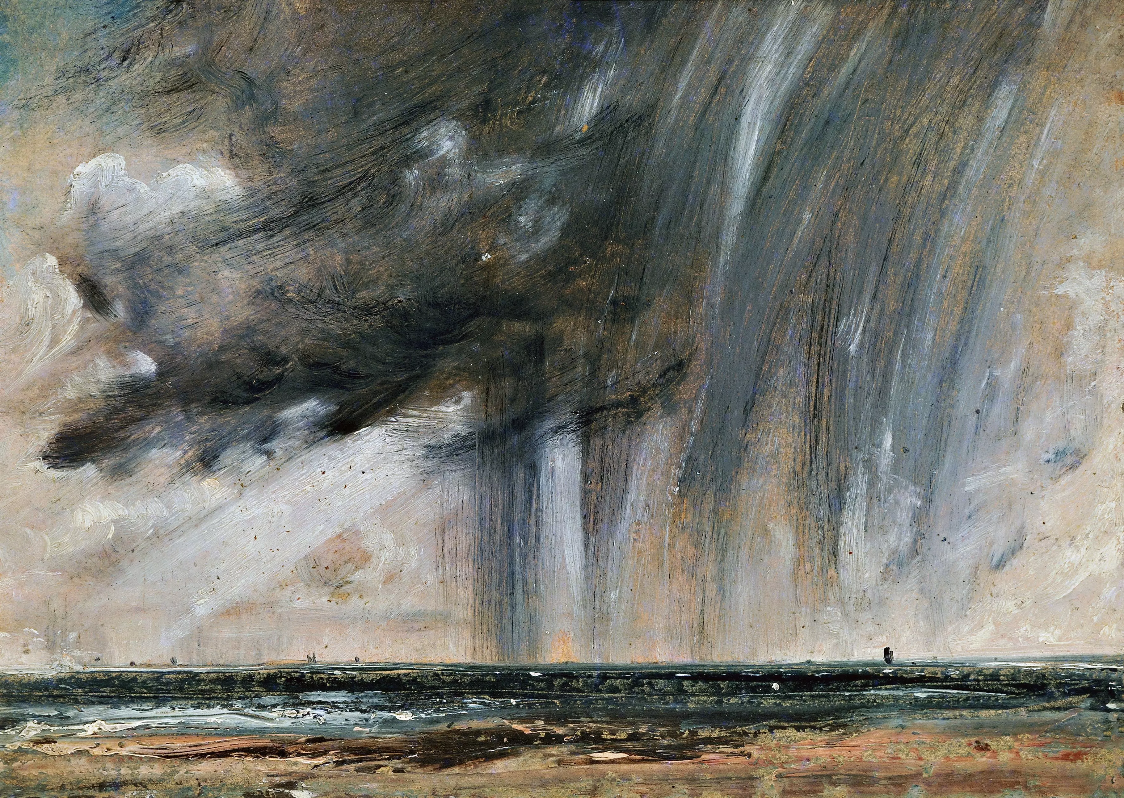 Rainstorm hla hiav txwv, seascape kawm nrog cov huab cua, ca 1824-1828, los ntawm John Constable (1776-1837), roj ntawm daim ntawv nteg rau canvas, 22.2x31 cm