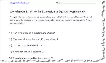 Arbeitsblätter für algebraische Ausdrücke Nr. 2