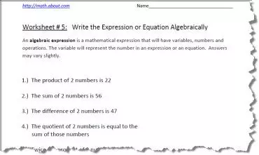 ALgebraic Worksheet 5 of 5