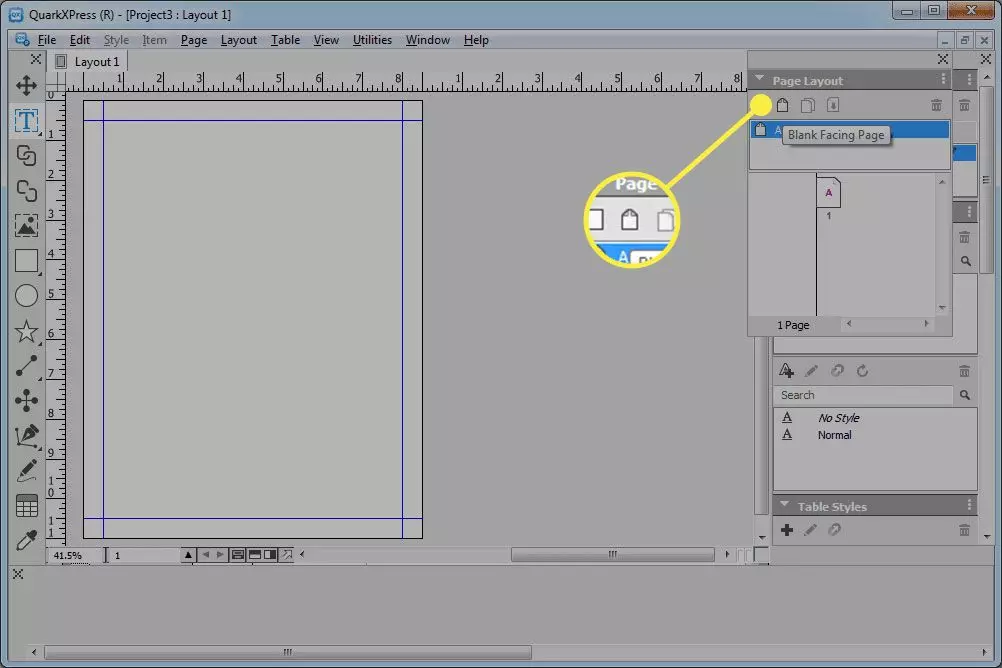 Zrzut ekranu programu QuarkXPress z podświetloną ikoną Pusta strona przednia
