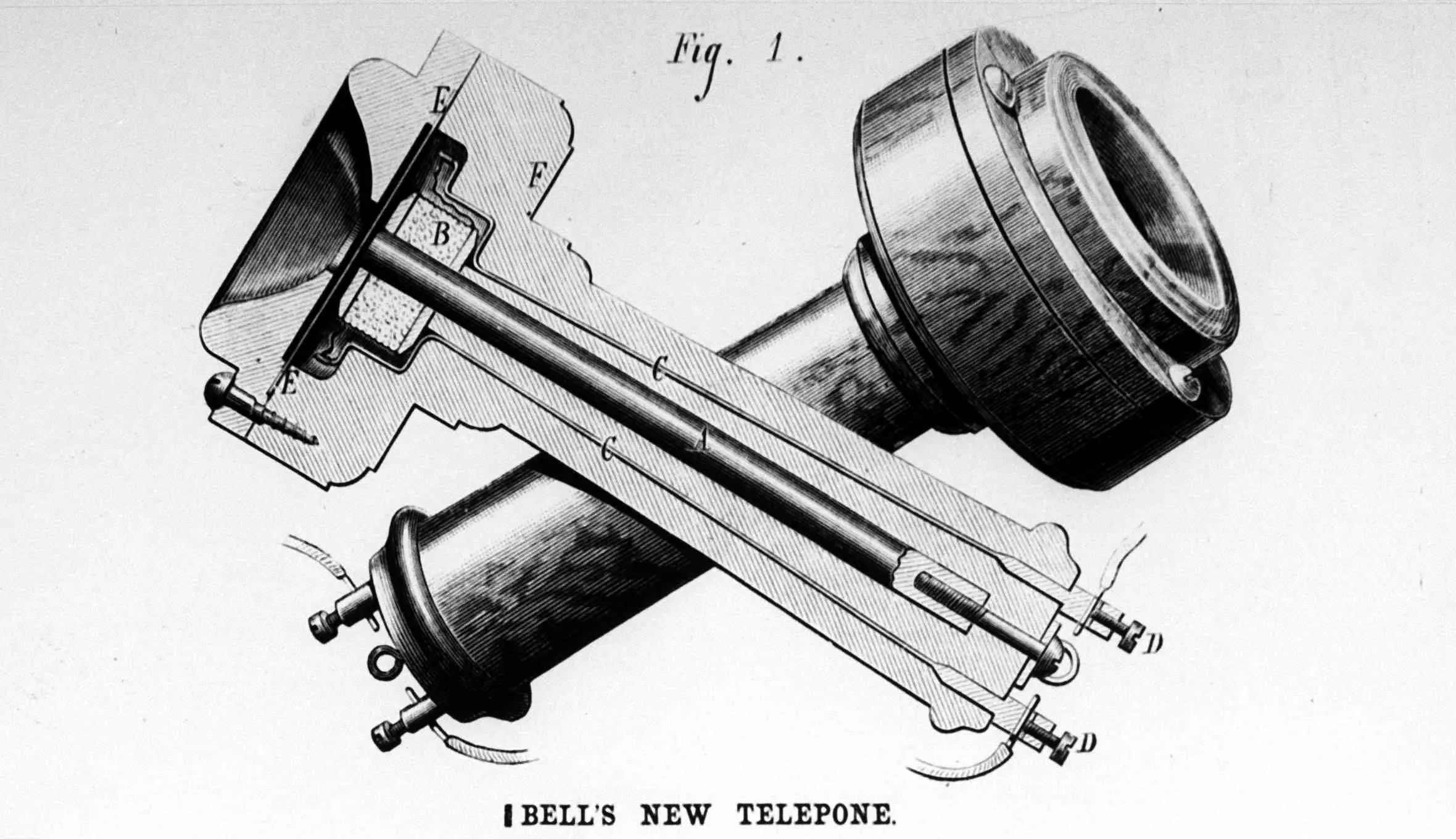 Иллюстрация внешнего вида и поперечного сечения рупорного аппарата первого телефона Александра Грэма Белла.