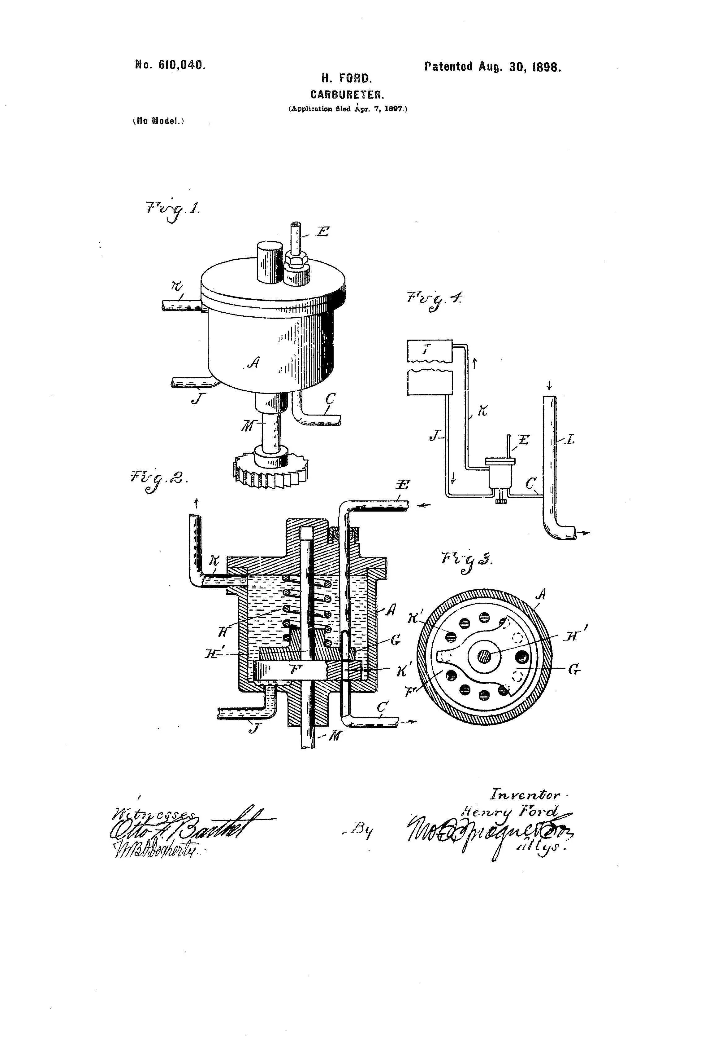 Patent Henryho Forda z roku 1897 na karburátor.