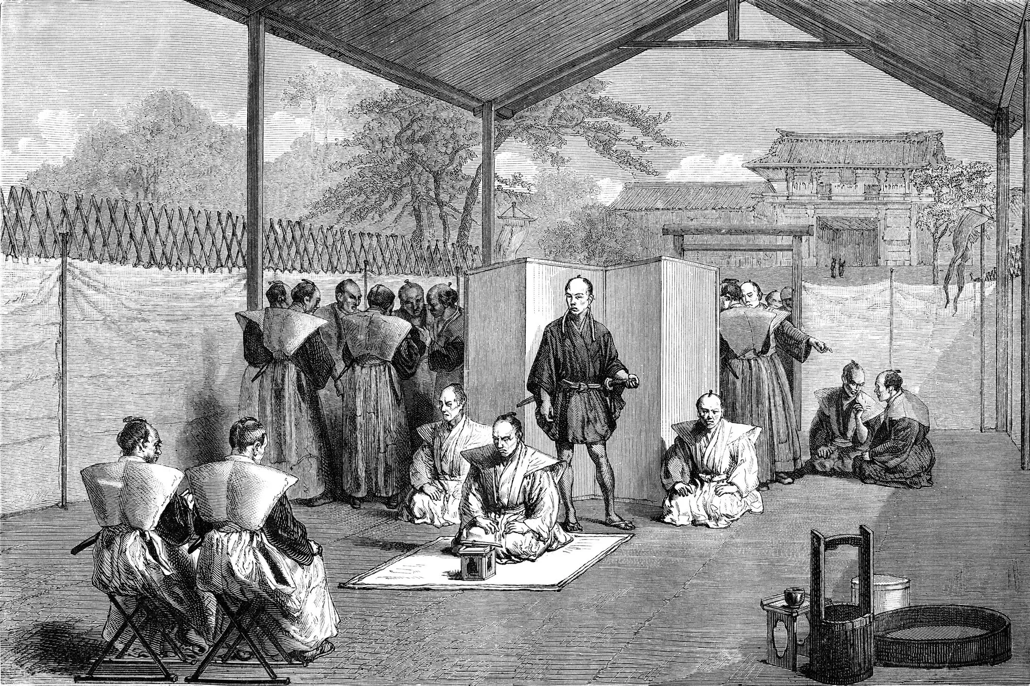 Samurajų, besiruošiančių viešam seppuku ritualui, iliustracija