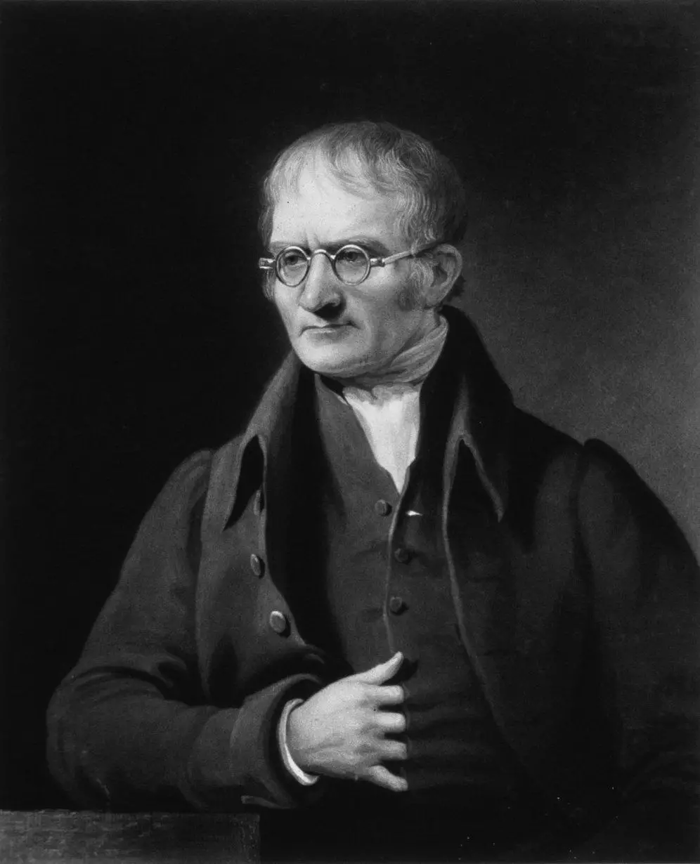 Imazhi bardh e zi i John Dalton, fizikanit dhe kimistit britanik.