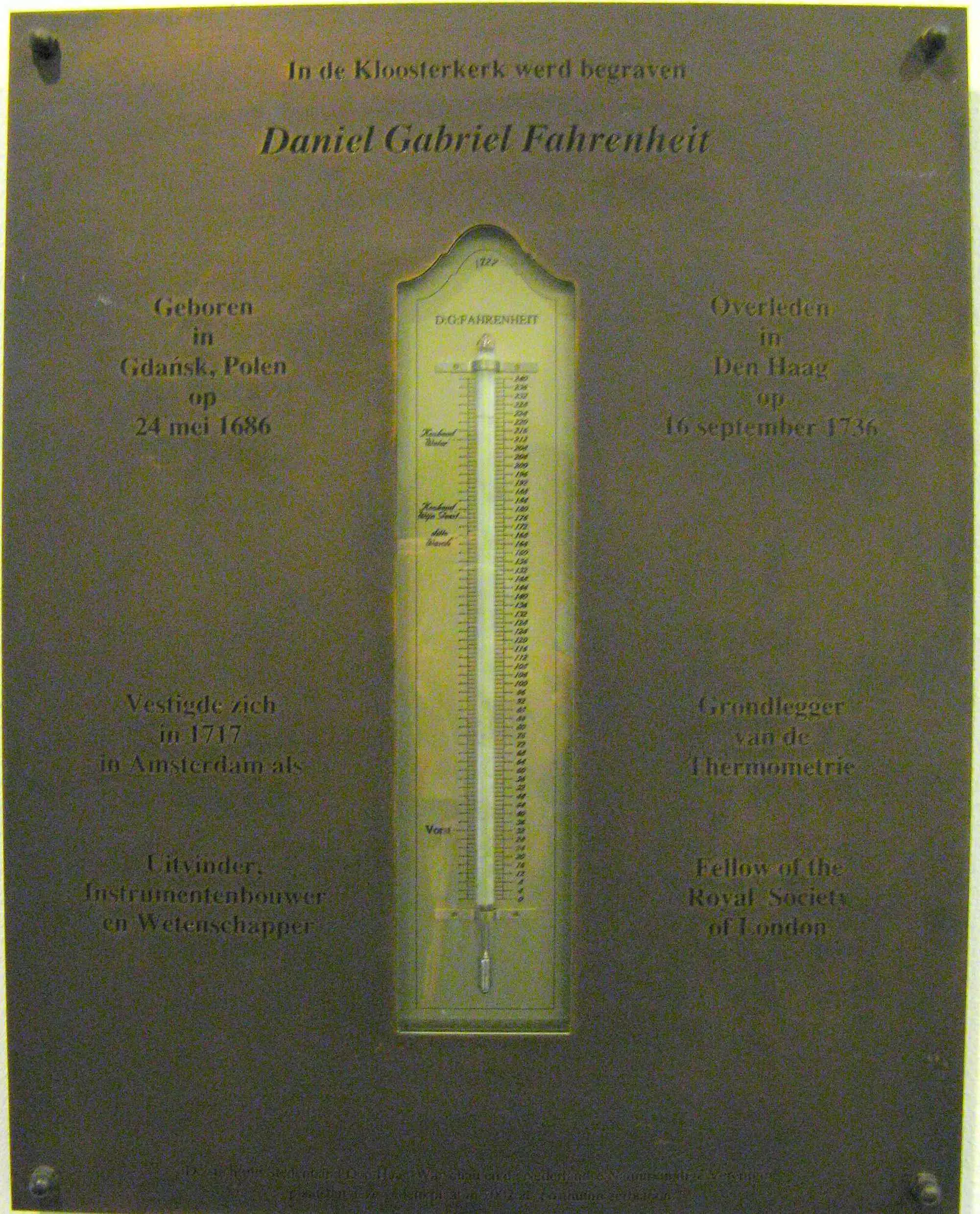 D.G.'ye adanmış anıt plaket Fahrenhayt.