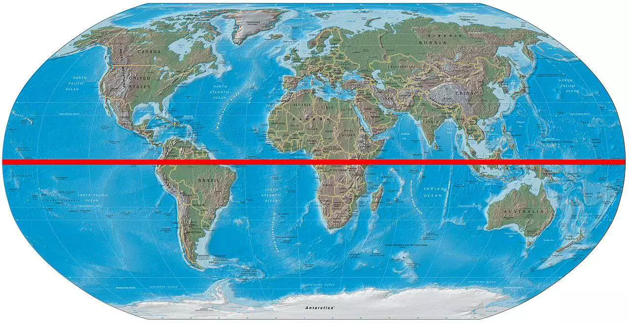 May larawang mapa ng Earth na may pulang linya ng ekwador.