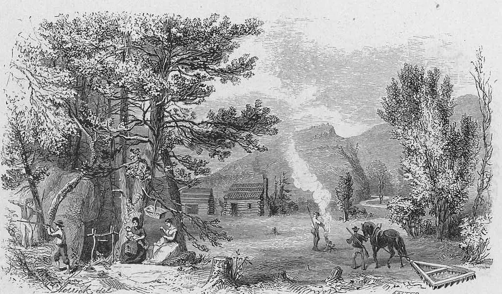 'The Settlers', yon gravure nan peryòd kolonyal Ameriken an, anviwon 1760.