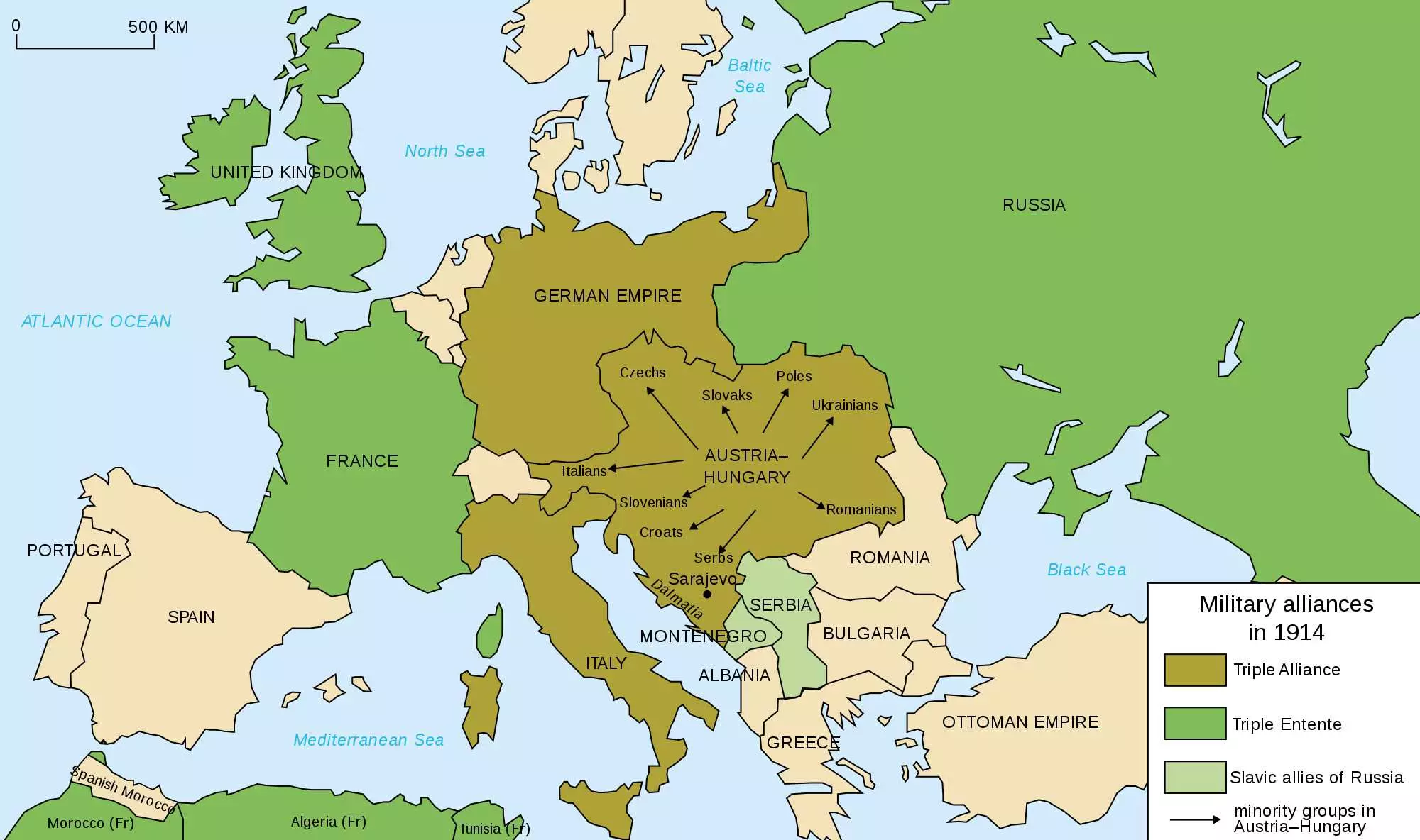 Mapa vojenských aliancí Evropy v roce 1914.