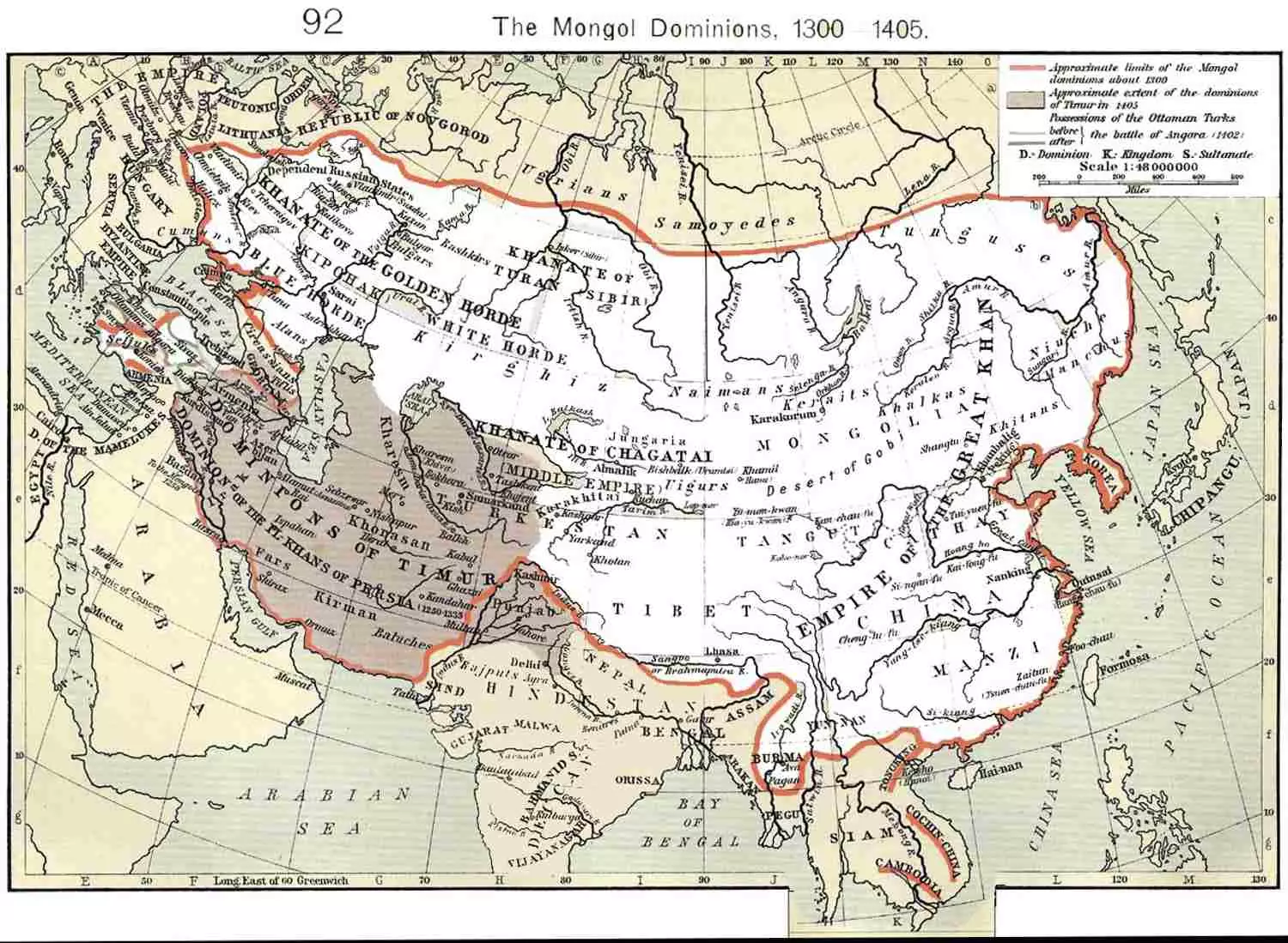 地圖顯示了大約 1300 年至 1405 年的蒙古領地。