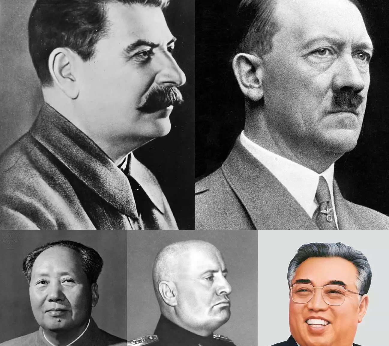 Kolaĝo de totalismaj gvidantoj (ĉiu vico - de maldekstre al dekstre) Josif Stalin, Adolf Hitler, Mao Zedong, Benito Mussolini, kaj Kim Il-sung.