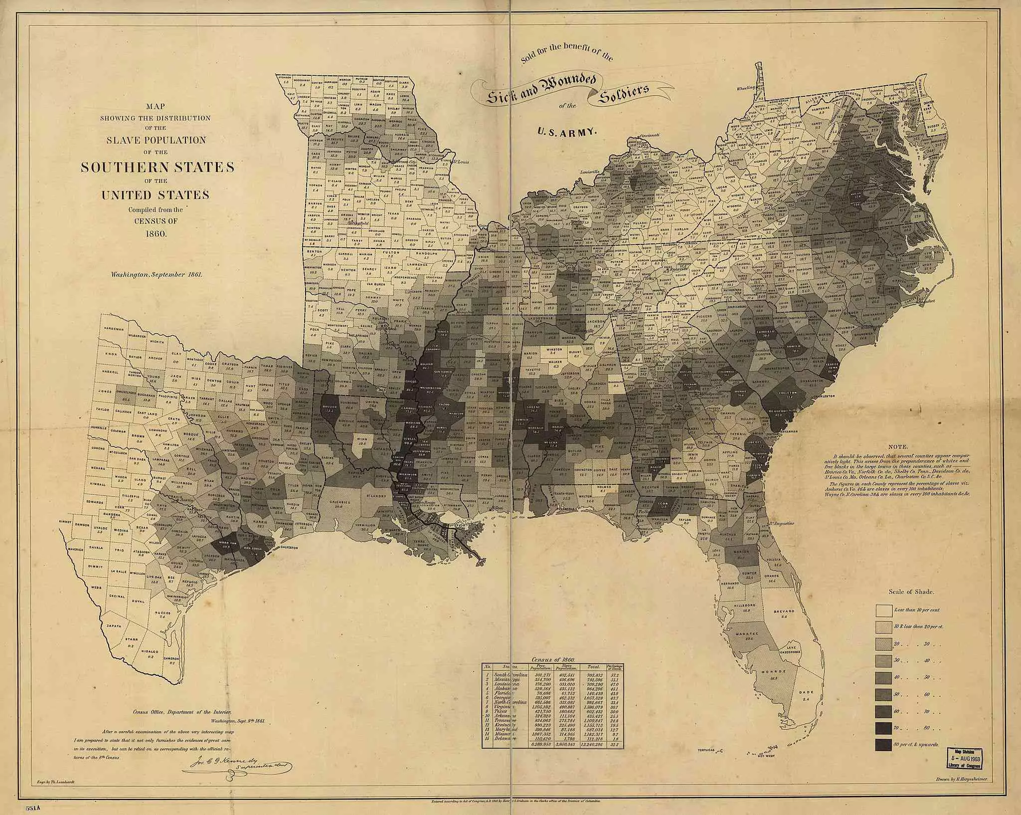 Procento otroků v populaci v každém kraji otrokářských států v roce 1860.