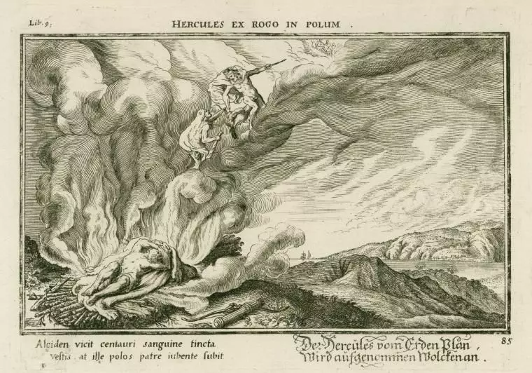 Jupiter conduit Hercule sur le mont Olympe pour vivre après avoir brûlé son corps mortel sur un bûcher funéraire.