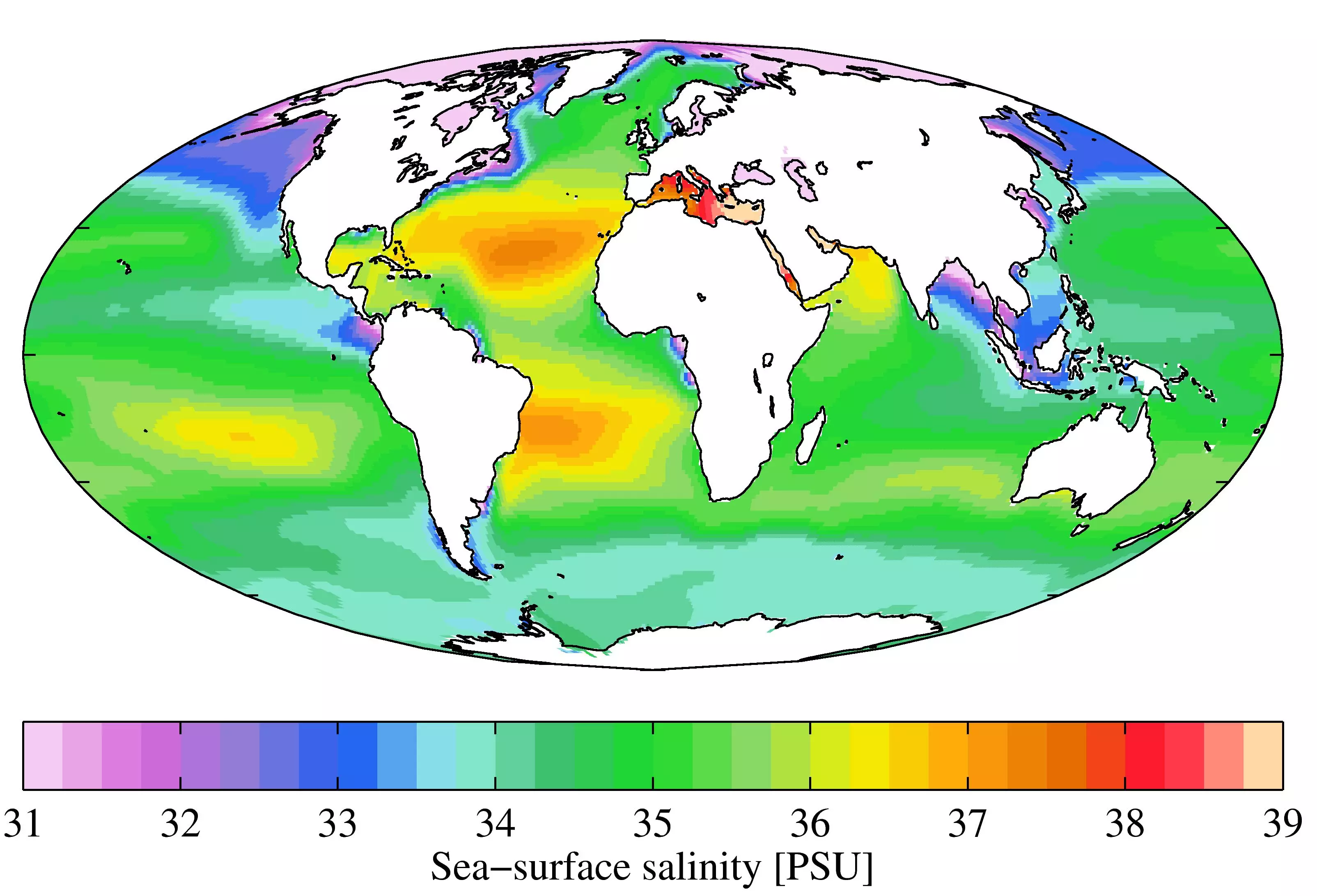 Средна годишна соленост на морската повърхност от Атласа на Световния океан за 2009 г. Солеността е посочена в практически единици за соленост (PSU).